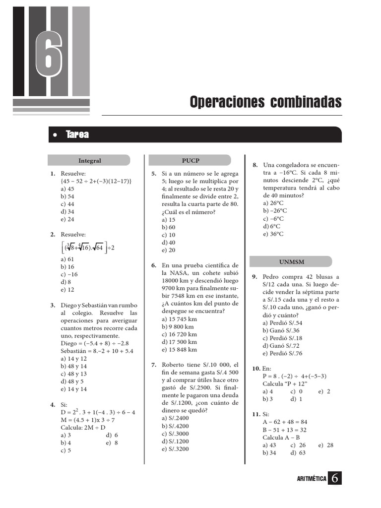 Tarea de Operaciones Combinadas Con Numeros Enteros-1ero | PDF