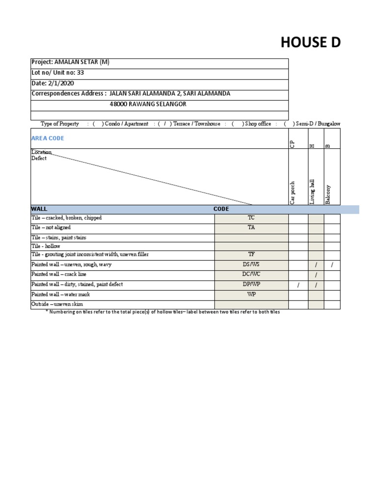 Defect Checklist No.33, Jalan Sari Alamanda 2 | PDF