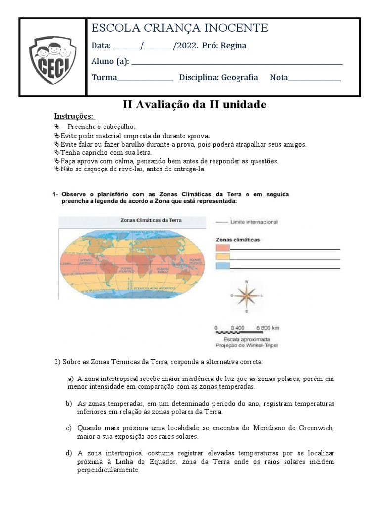 Prova Geog. 4 e 5 Ano II Unid. 22 | PDF | Terra | Trópicos