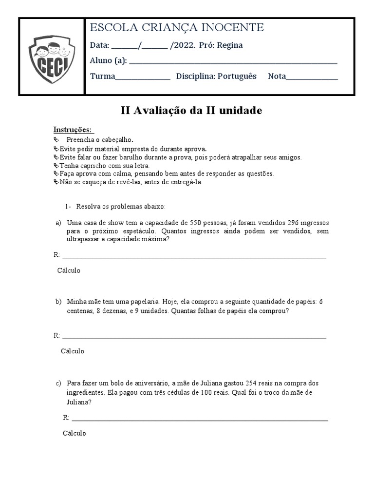 Prova Mat. 4 e 5 Ano II Unid. Ok | PDF