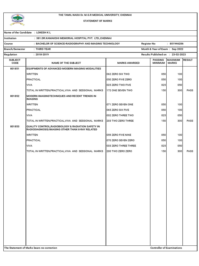 Mark Sheet | PDF | Medical Physics | Health Care
