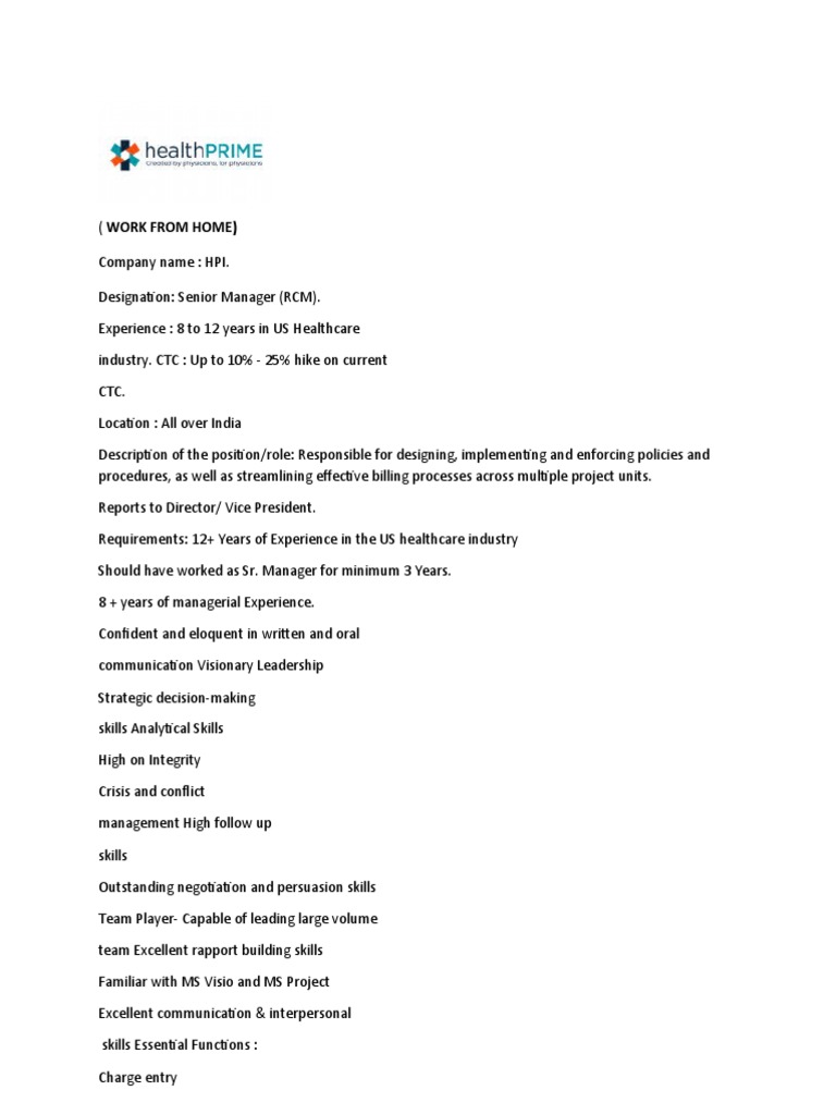 JD Senior Manager RCM | PDF | Policy | Leadership