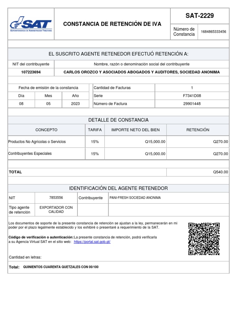Constancia de Retención de Iva: El Suscrito Agente Retenedor Efectuó ...