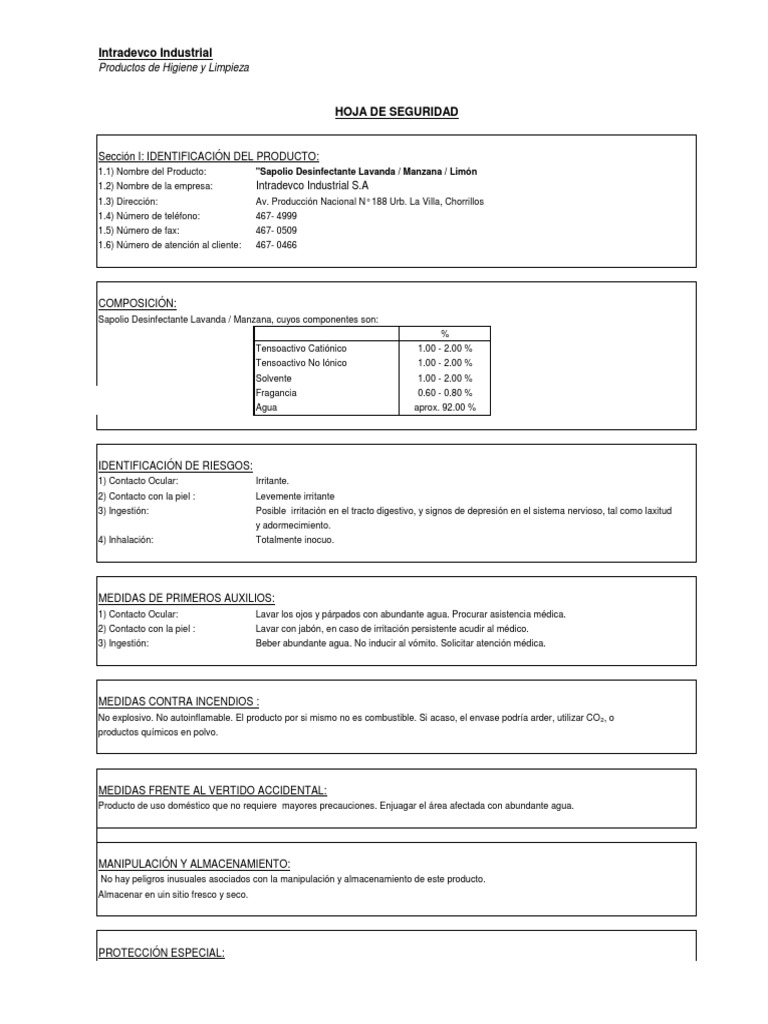 Hoja de Seguridad Desinfectante Sapolio | PDF | Agua | Tensioactivo