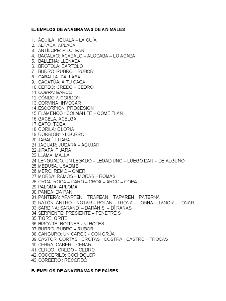 Ejemplos de Anagramas de Animales | PDF