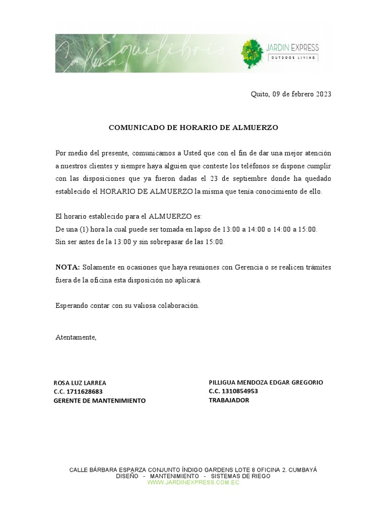 Comunicado Almuerzo | PDF | Hogar, jardinería y bricolaje