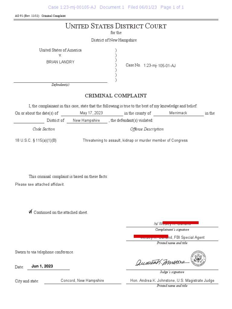 USA V Landry Criminal Complaint Affidavit | PDF