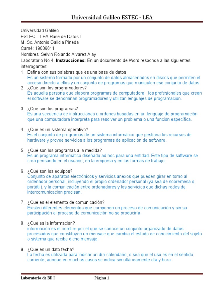 Laboratorio No 4 BD I LEA 18022023 Sabado | PDF | Lenguaje de programación | Bases de datos