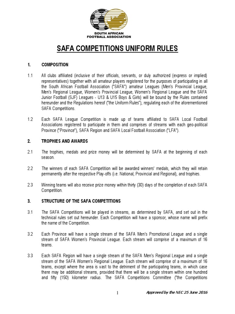 SAFA-COMPETITIONS-UNIFORM-RULESapproved25June2016 | PDF | Complaint ...