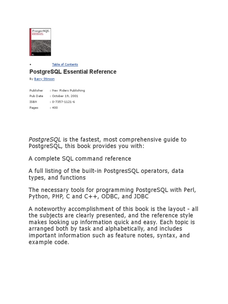 Barry Stinson - PostgreSQL Essential Reference-Sams (2001) | Download Free PDF | Postgre Sql ...