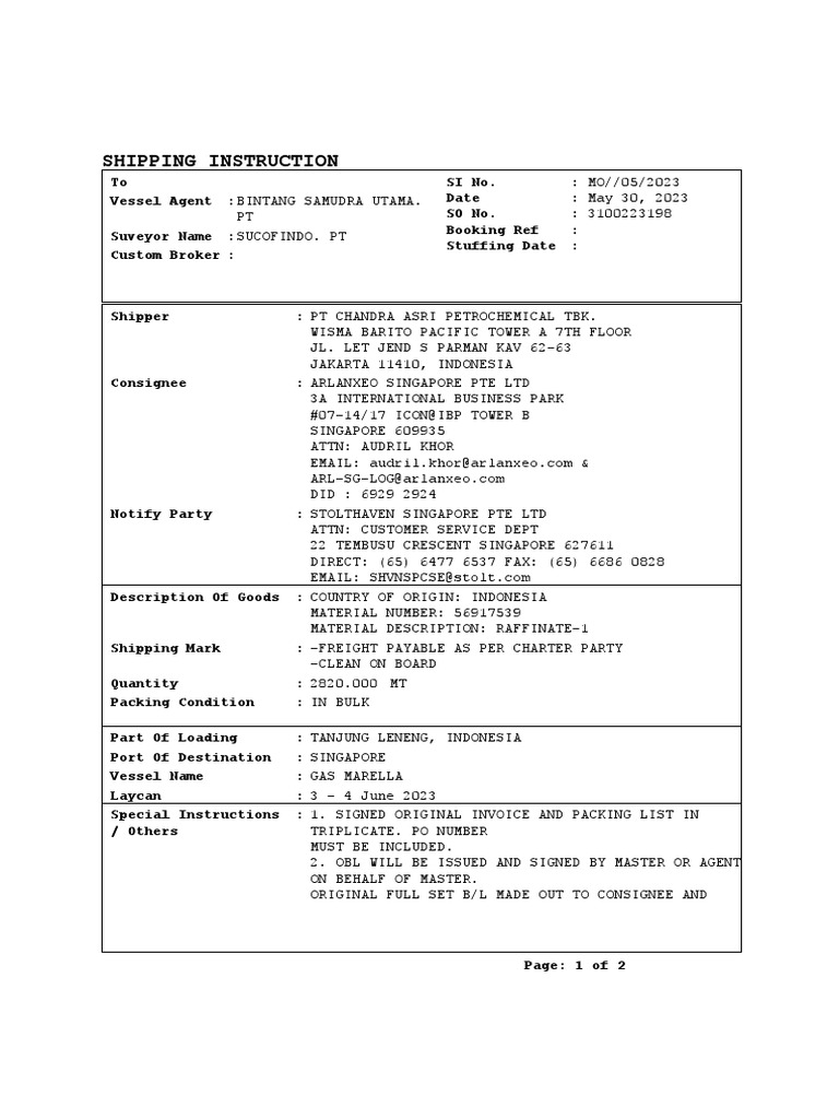 Shipping Instruction | PDF | Business Law | Water Transport