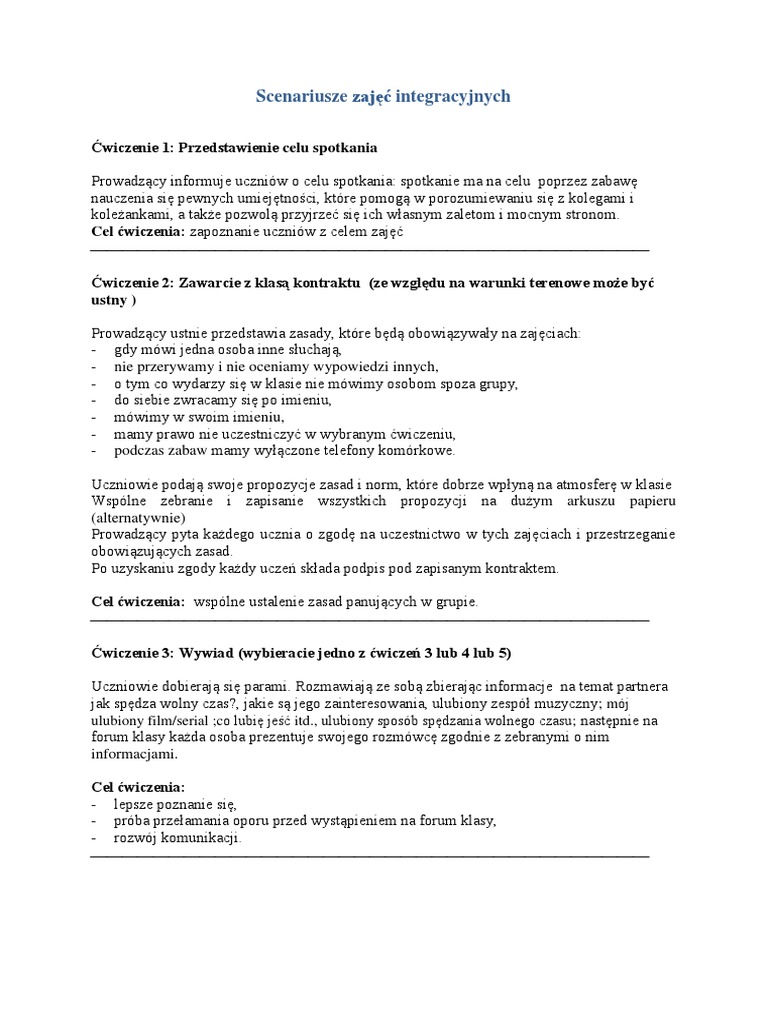 Scenariusz Zajęć Integracyjnych | PDF