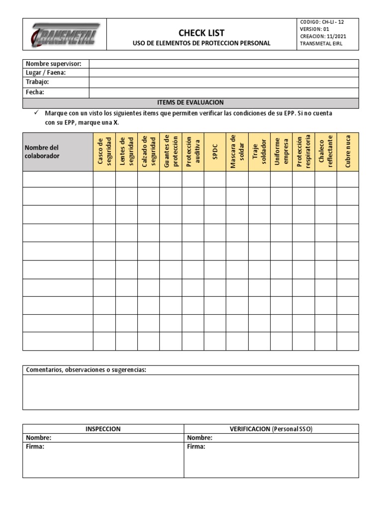 Checklist - Uso de Epp | PDF