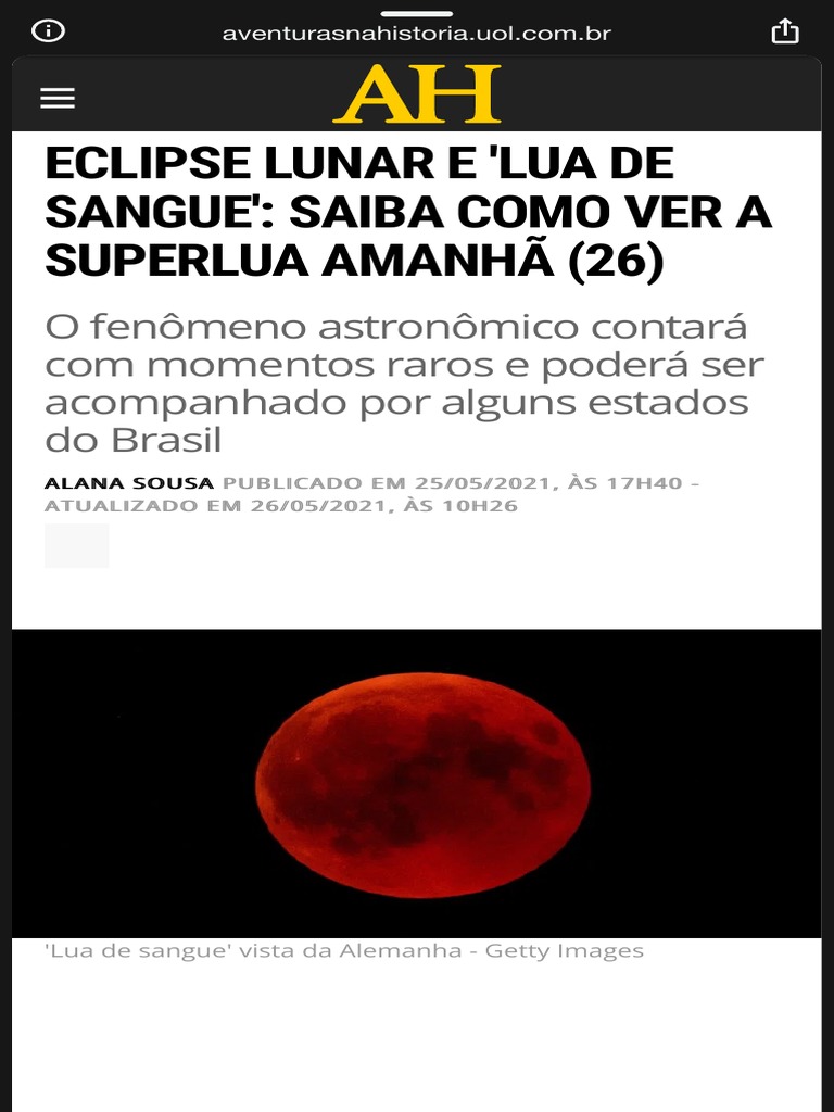Eclipse Lunar e 'Lua de Sangue' Saiba Como Ver A Superlua Amanhã | PDF