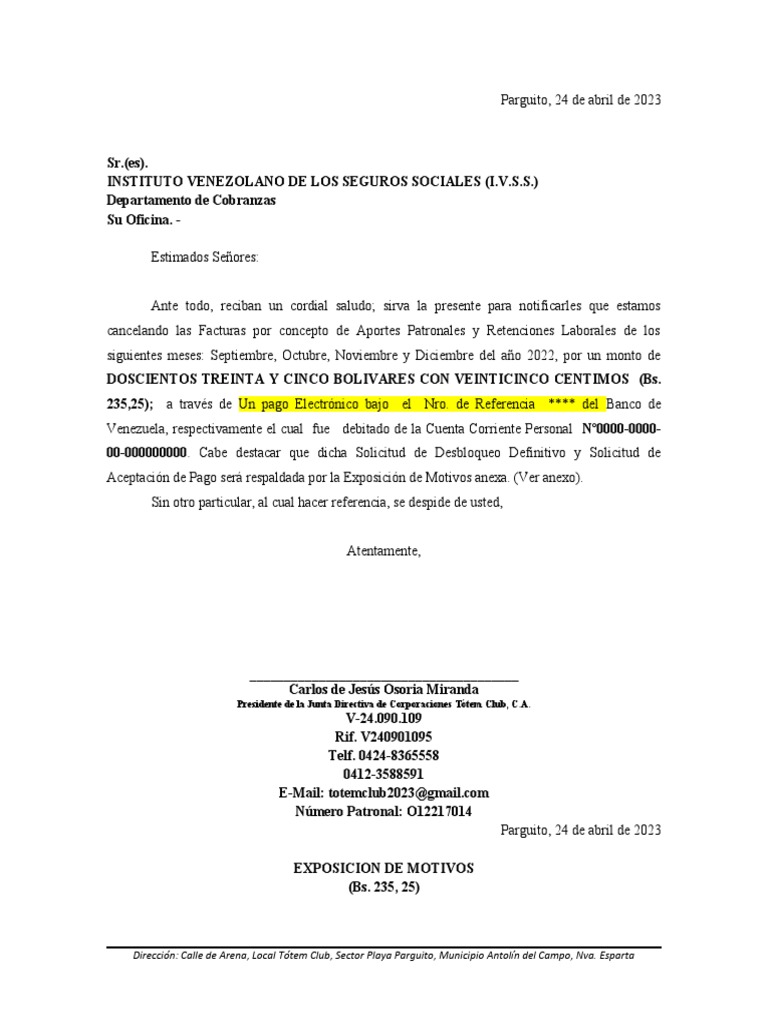 Carta para Pagar Aportes Al Ivss y Solicitar Reactivacion de La Empresa ... Carta para Pagar Aportes Al Ivss y Solicitar Reactivacion de La Empresa ...