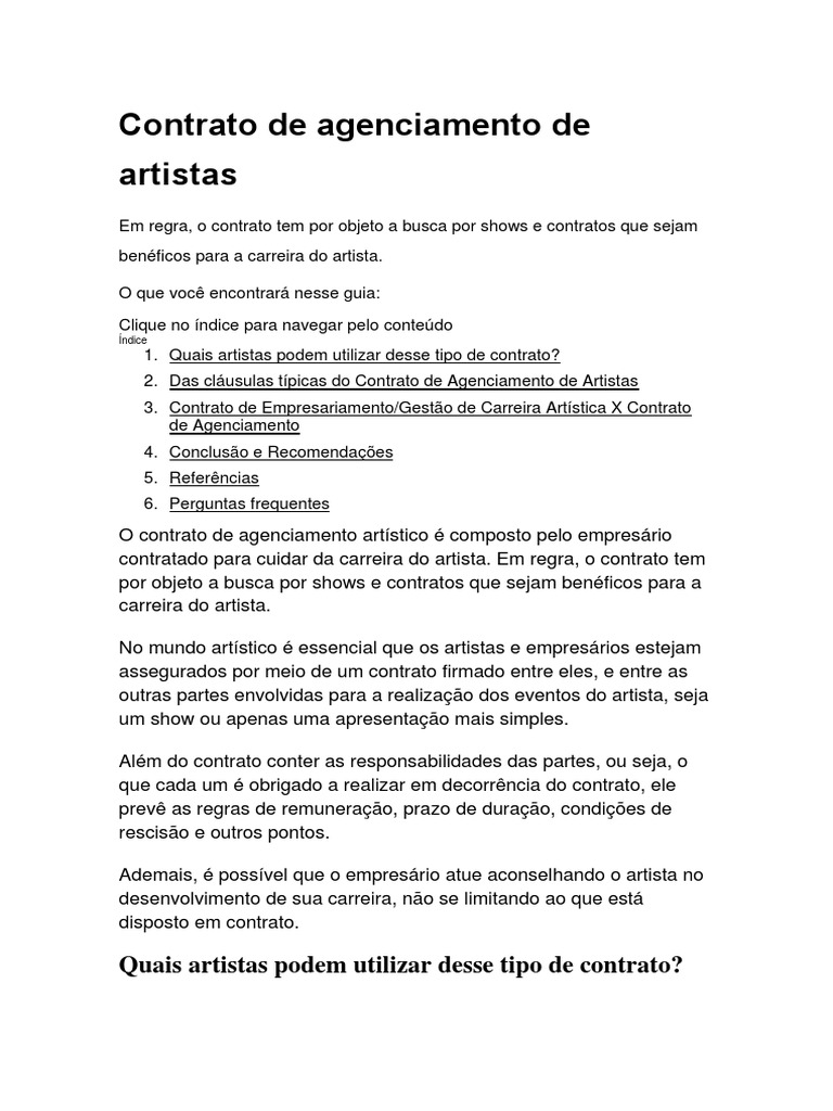 Contrato de agenciamento de artistas | PDF | Business | Direito Privado