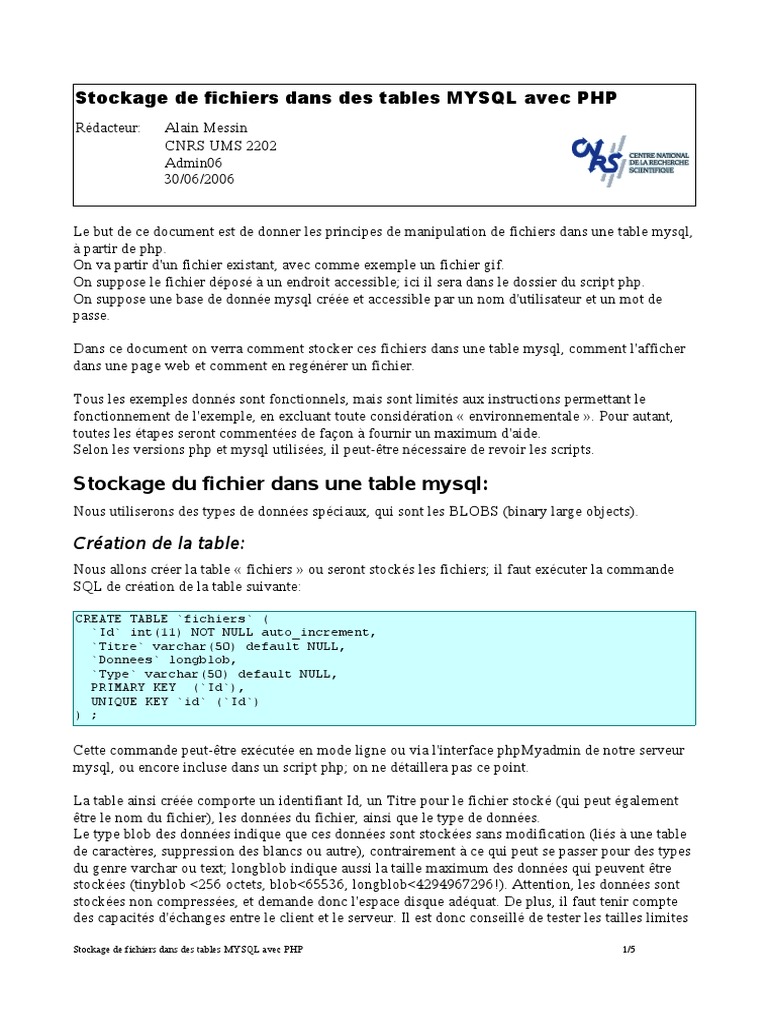 060630version-Stockage Fichiers Mysql PHP | PDF | PHP | MySQL