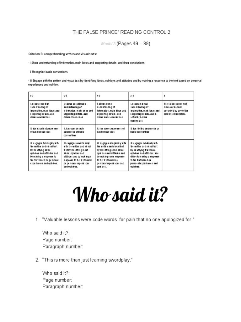 The False Prince" Reading Control 2 | PDF | Human Communication | Cognition