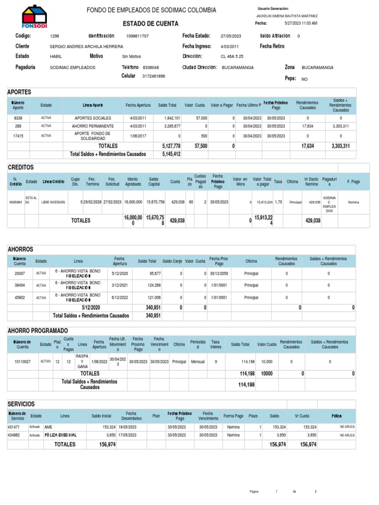 Estado de Cuenta Sergio Andres Archila Herrera | PDF