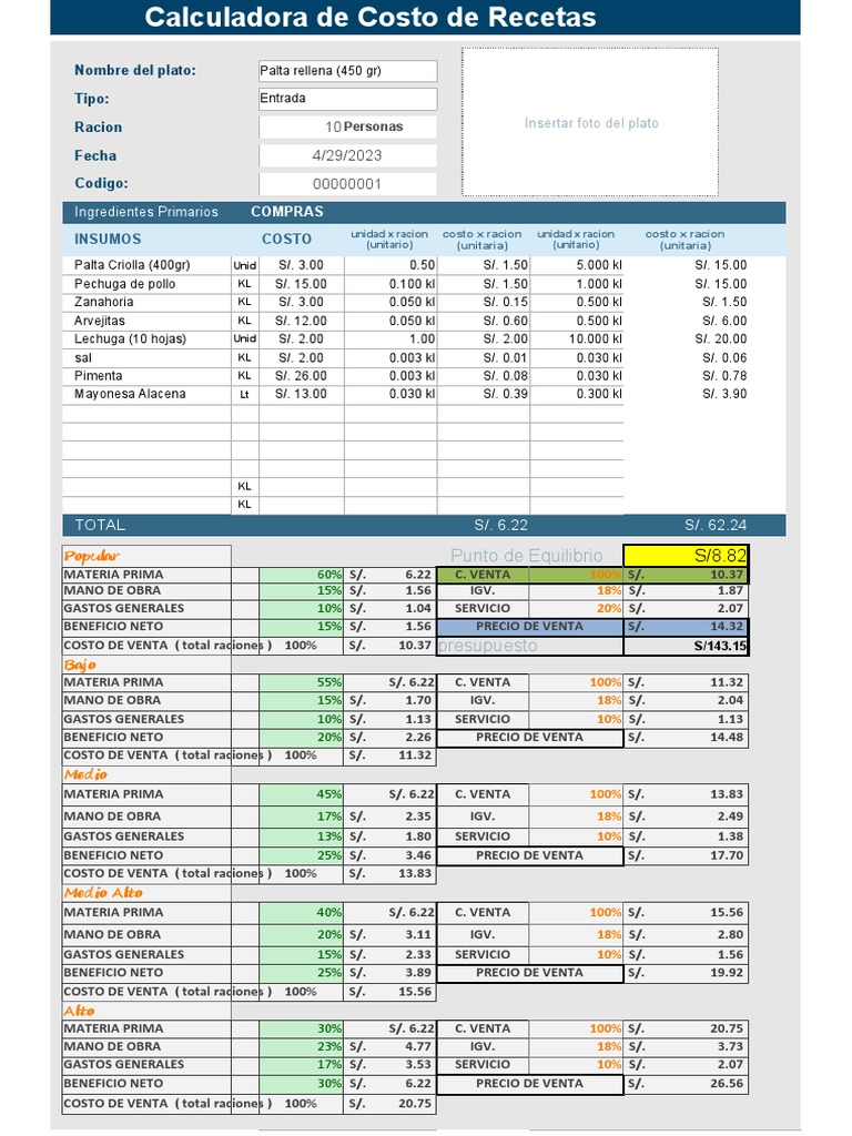 Hoja de Costos Receta Estandar | PDF