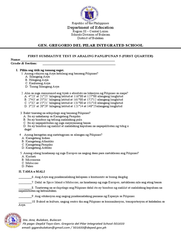 AP 5 First Summative Test | PDF