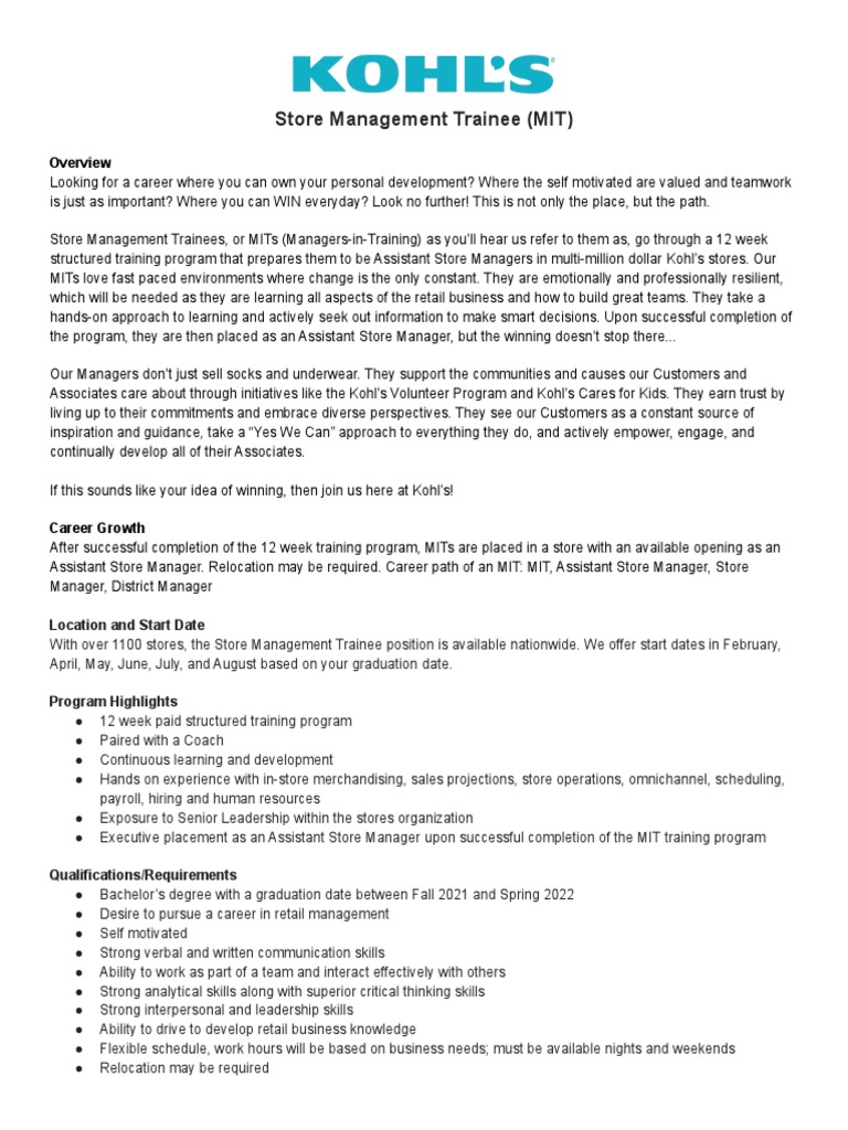 Kohl's Store Management Trainee Program | PDF | Skill | Business