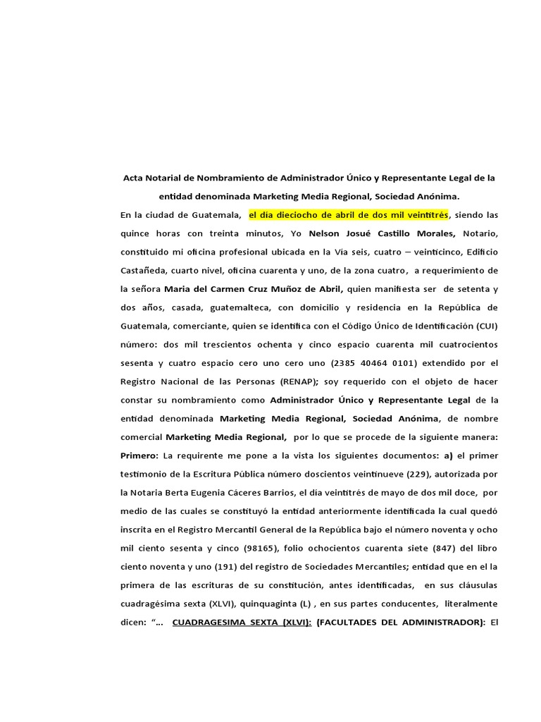 Nombramiento de Administrador Único en Guatemala | PDF | Derecho