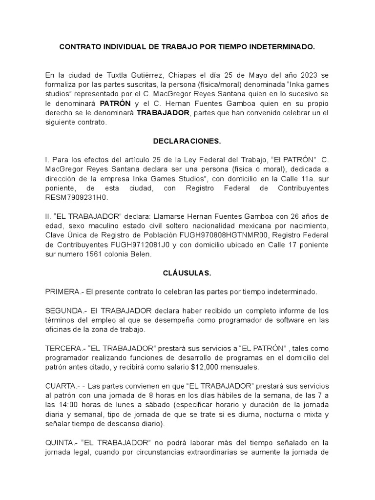 Contrato Individual Del Trabajo. | PDF | Salario