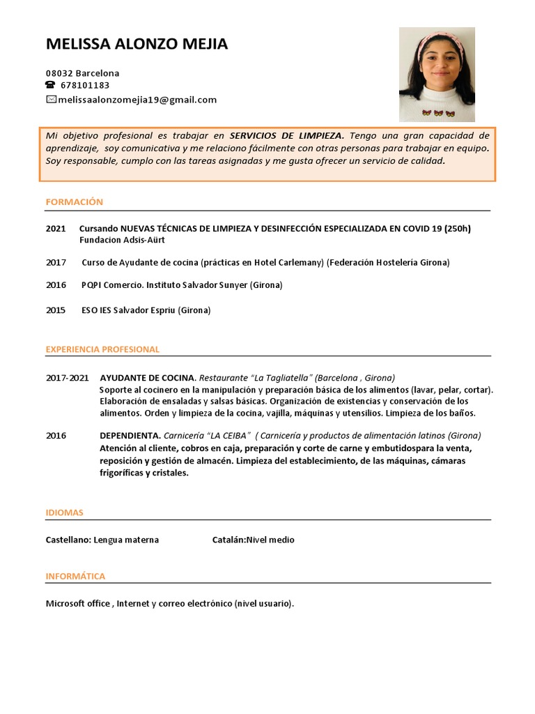 CV Melissa Alonzo Limpiadora | PDF | Ciencias sociales
