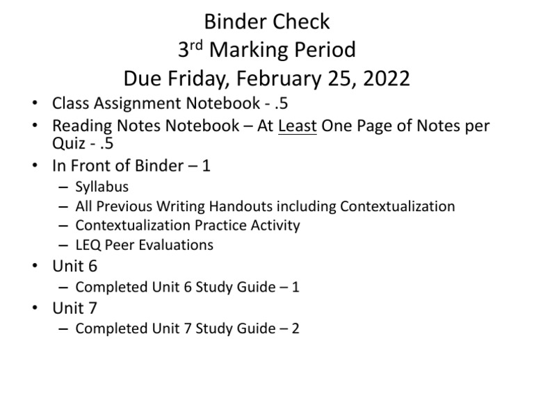3rd Grading Period Binder Check - Rubric - 2022 | PDF
