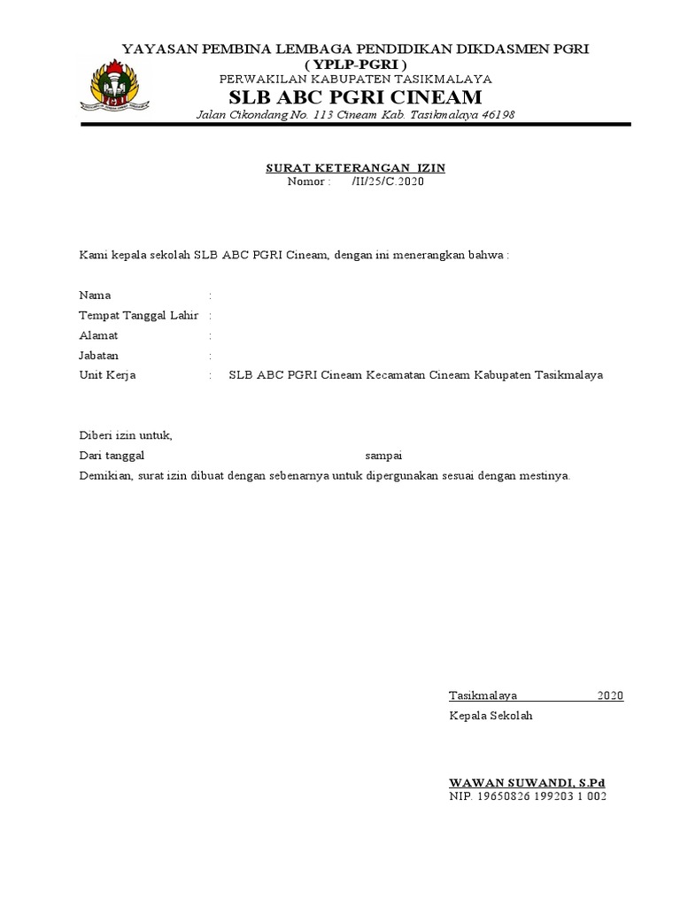 Surat Izin Sekolah SLB ABC PGRI Tasikmalaya | PDF