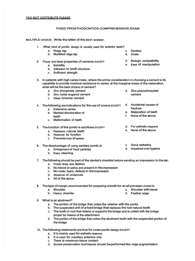 Fixed Prosthodontics MCQ Exam Guide | PDF | Health Sciences | Dentistry