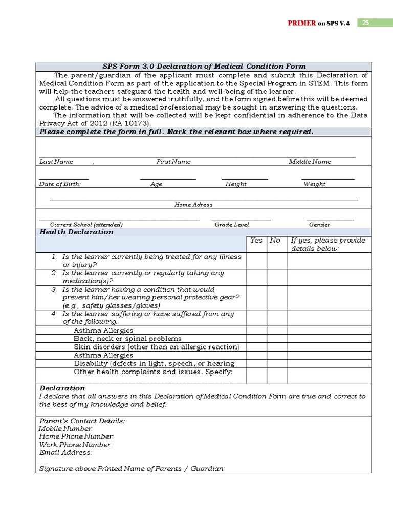 SPS Medical Condition Declaration Form | PDF | Allergy | Medicine