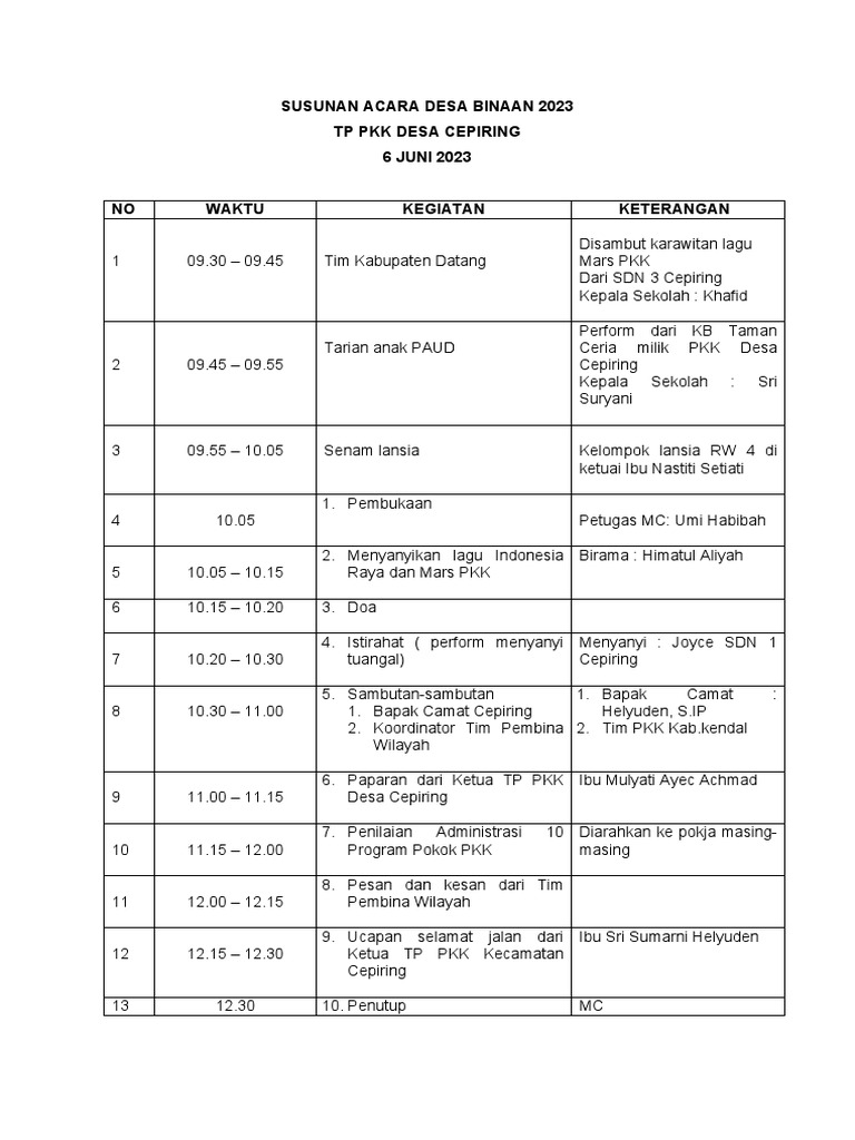 Susunan Acara Desa Binaan 2023 | PDF