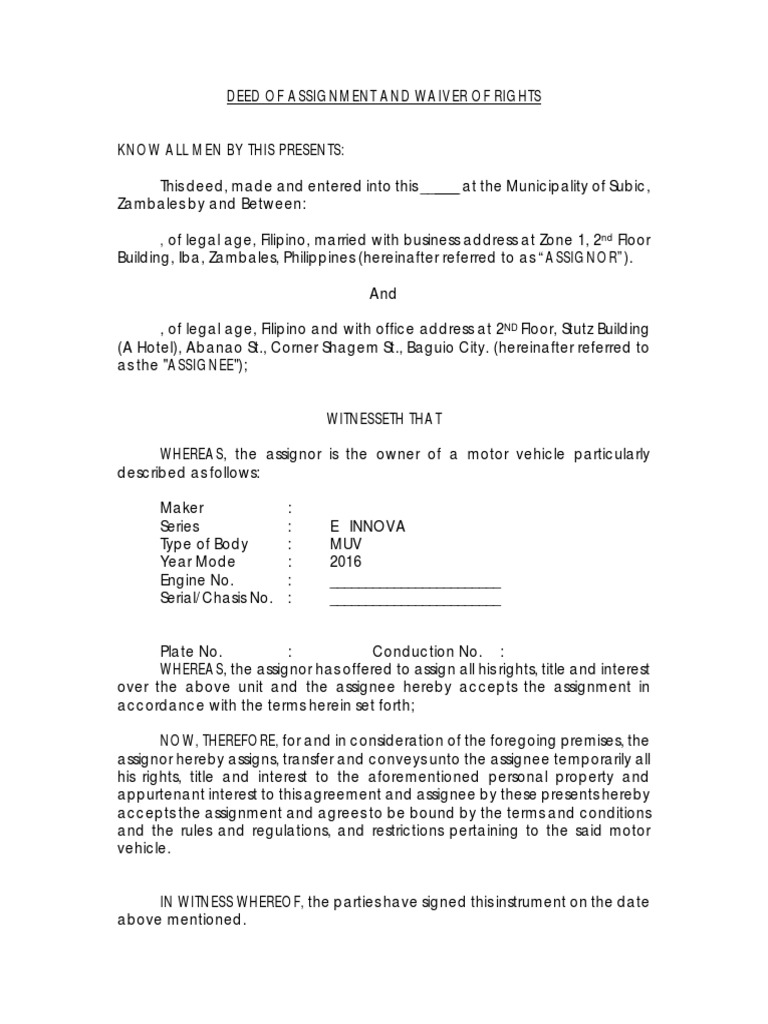 DEED OF ASSIGNMENT AND WAIVER OF RIGHTS | PDF