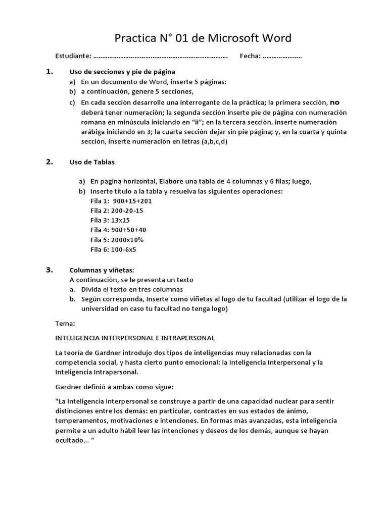 Práctica de Microsoft Word: Secciones y Tablas | PDF | Las emociones ...
