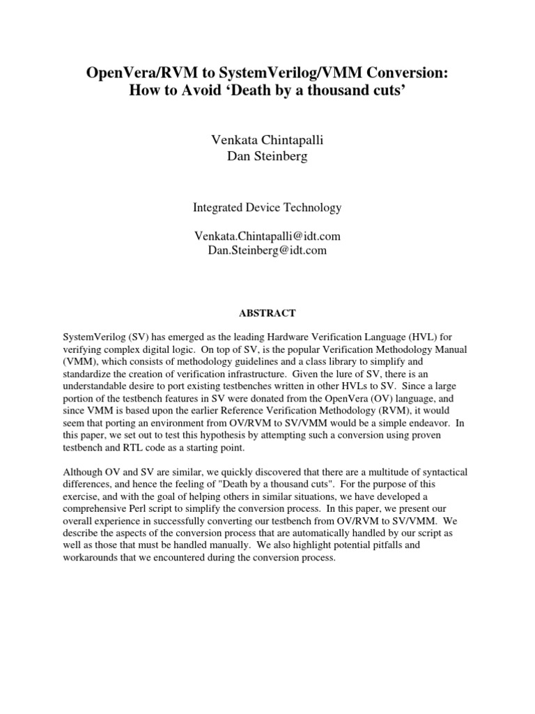 Openvera/Rvm To Systemverilog/Vmm Conversion: How To Avoid Death by A Thousand Cuts' | PDF ...