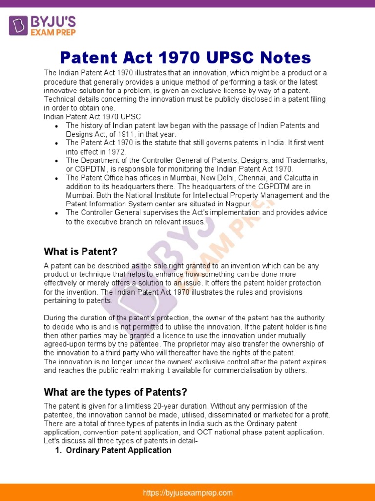 Patent Act 1970 Upsc Notes 90 | PDF