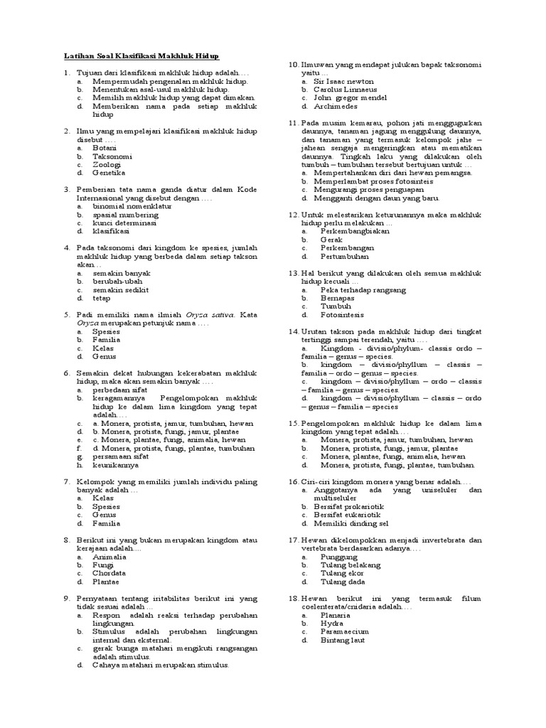 Latihan Soal Klasifikasi Makhluk Hidup | PDF