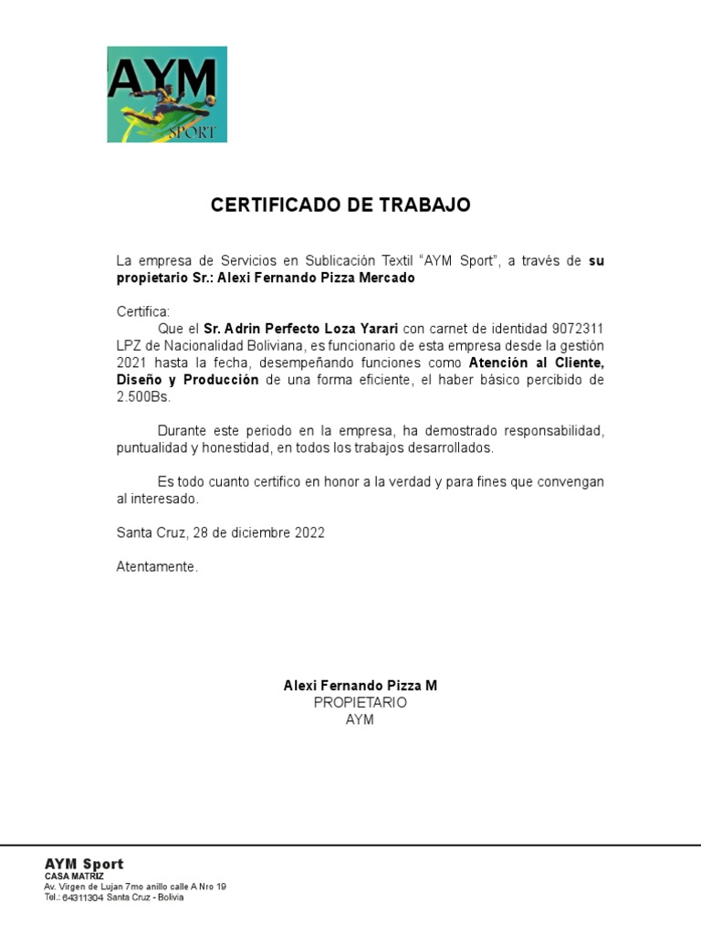 Certificado de Trabajo AYM | PDF