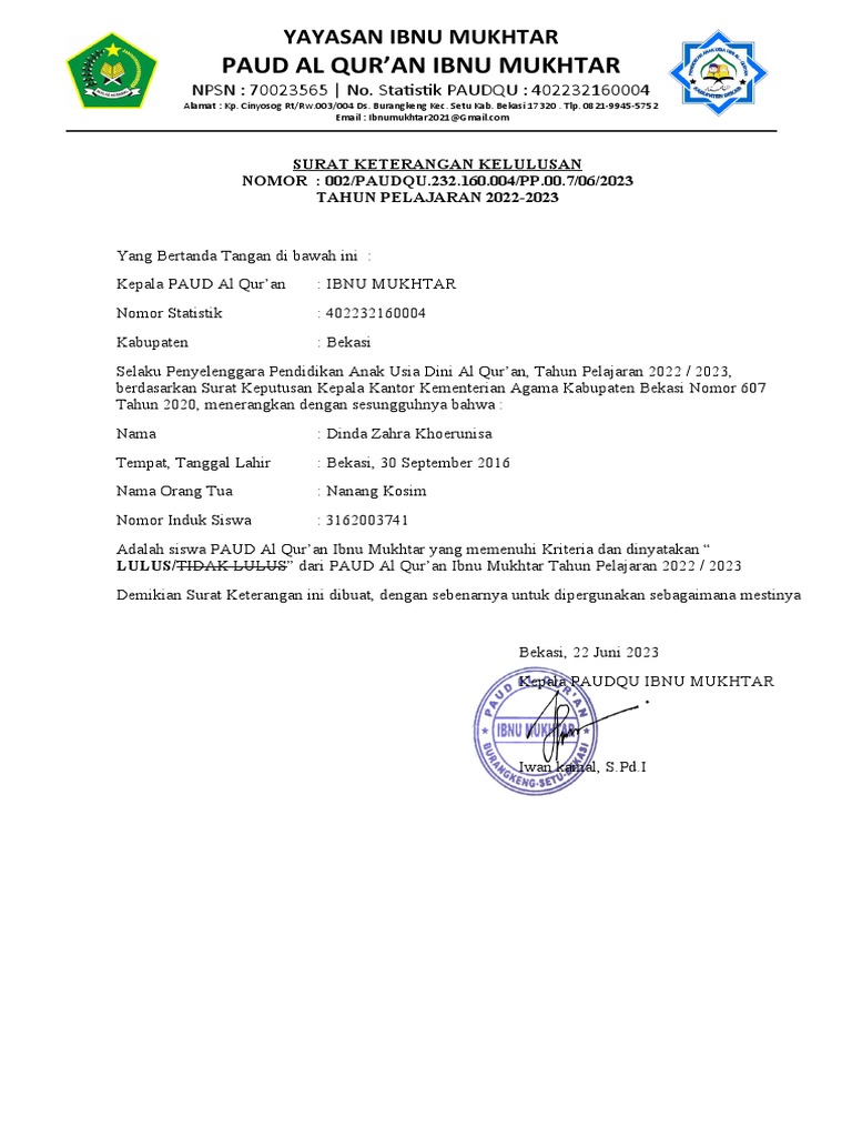 Surat Kelulusan 2023 Paudqu Ibnu Mukhtar (Dinda Zahra K) | PDF Surat Kelulusan 2023 Paudqu Ibnu Mukhtar (Dinda Zahra K) | PDF