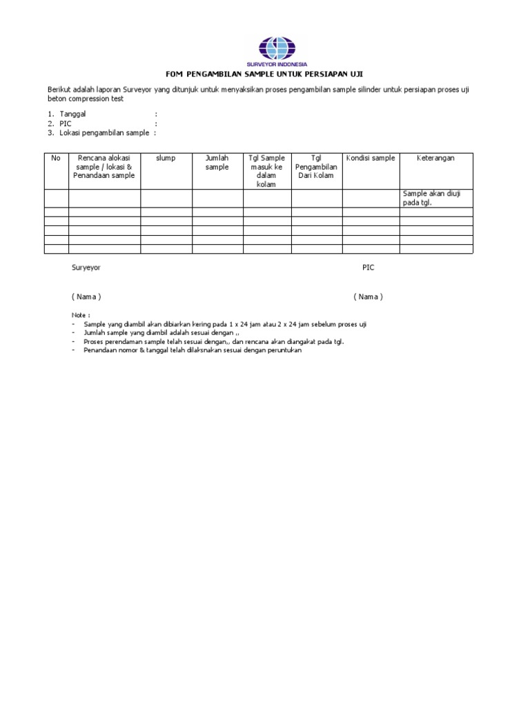 Fom Pengambilan Sample Untuk Persiapan Uji | PDF