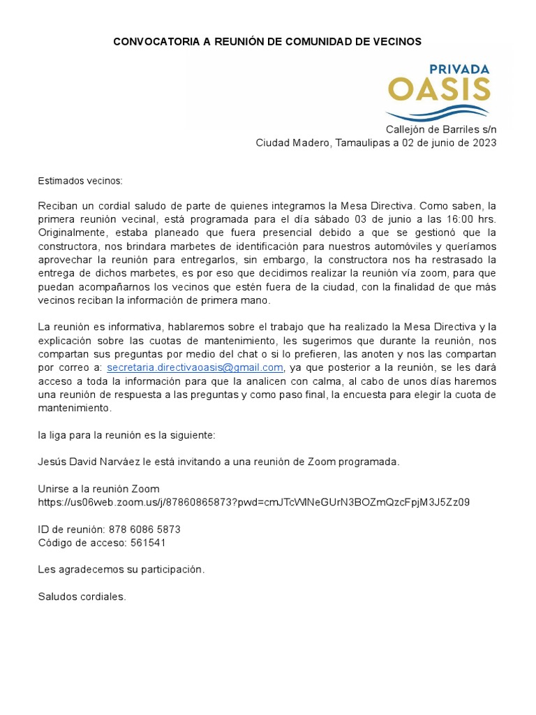 Comunicado de Cambios en Reunión Vecinal | PDF