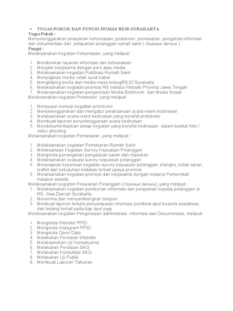 Tugas Pokok Dan Fungsi Humas RSJD Surakarta | PDF | Bisnis
