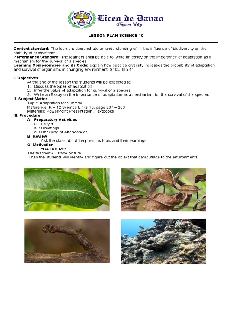 LESSON PLAN SCIENCE 10 - 3rd Quarter | PDF | Adaptation | Biodiversity