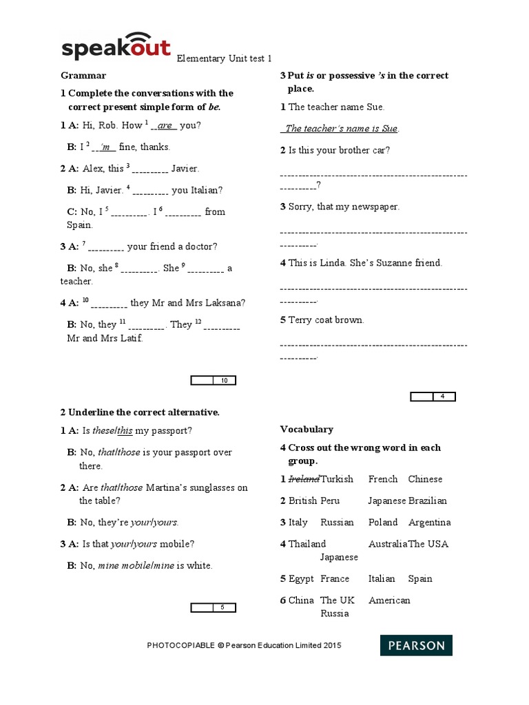 Quiz Unit 1 - Speak Out Elementary | PDF | Linguistics