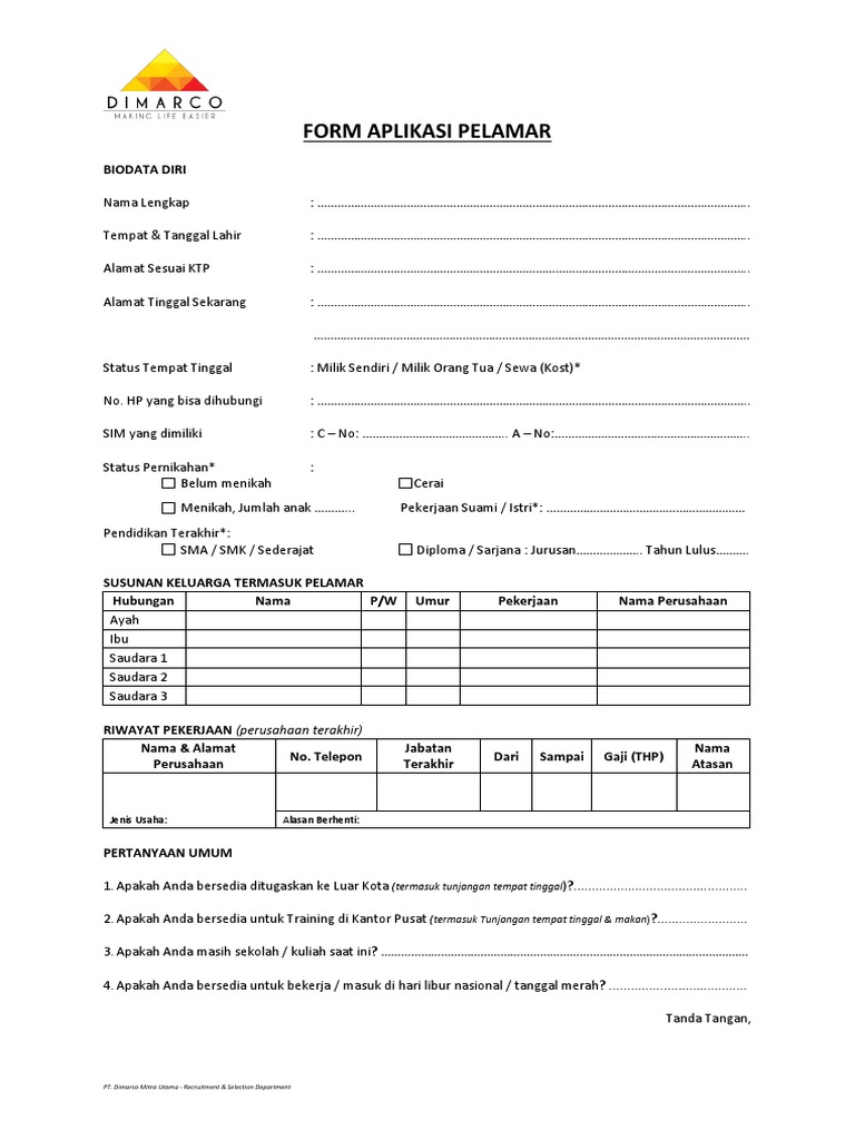 FORM APLIKASI PELAMAR - 1 Lembar DMU | PDF