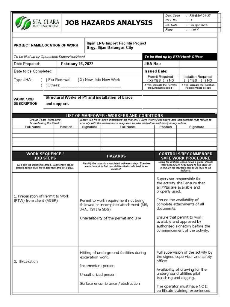 Job Hazards Analysis: Ilijan LNG Import Facility Project Brgy. Ilijan Batangas City | PDF