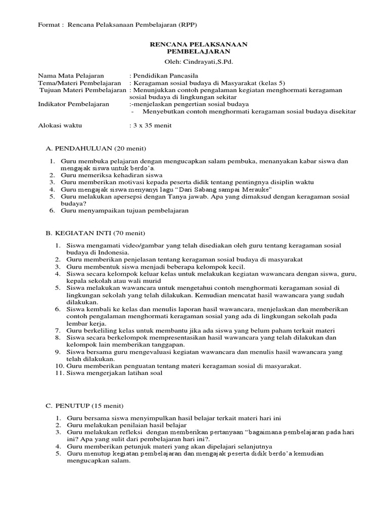 RPP Keragaman Sosial Budaya Kelas 5 | PDF