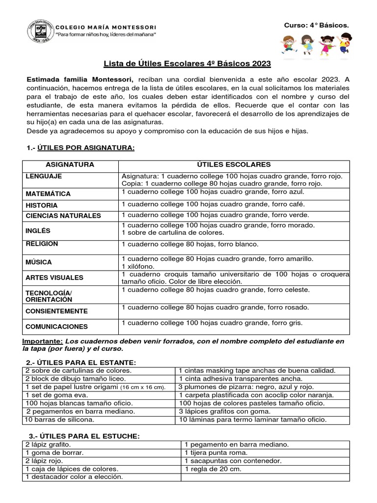 4o Basicos 2023 Lista Utiles y Plan Lector | PDF | Lápiz | Cuaderno